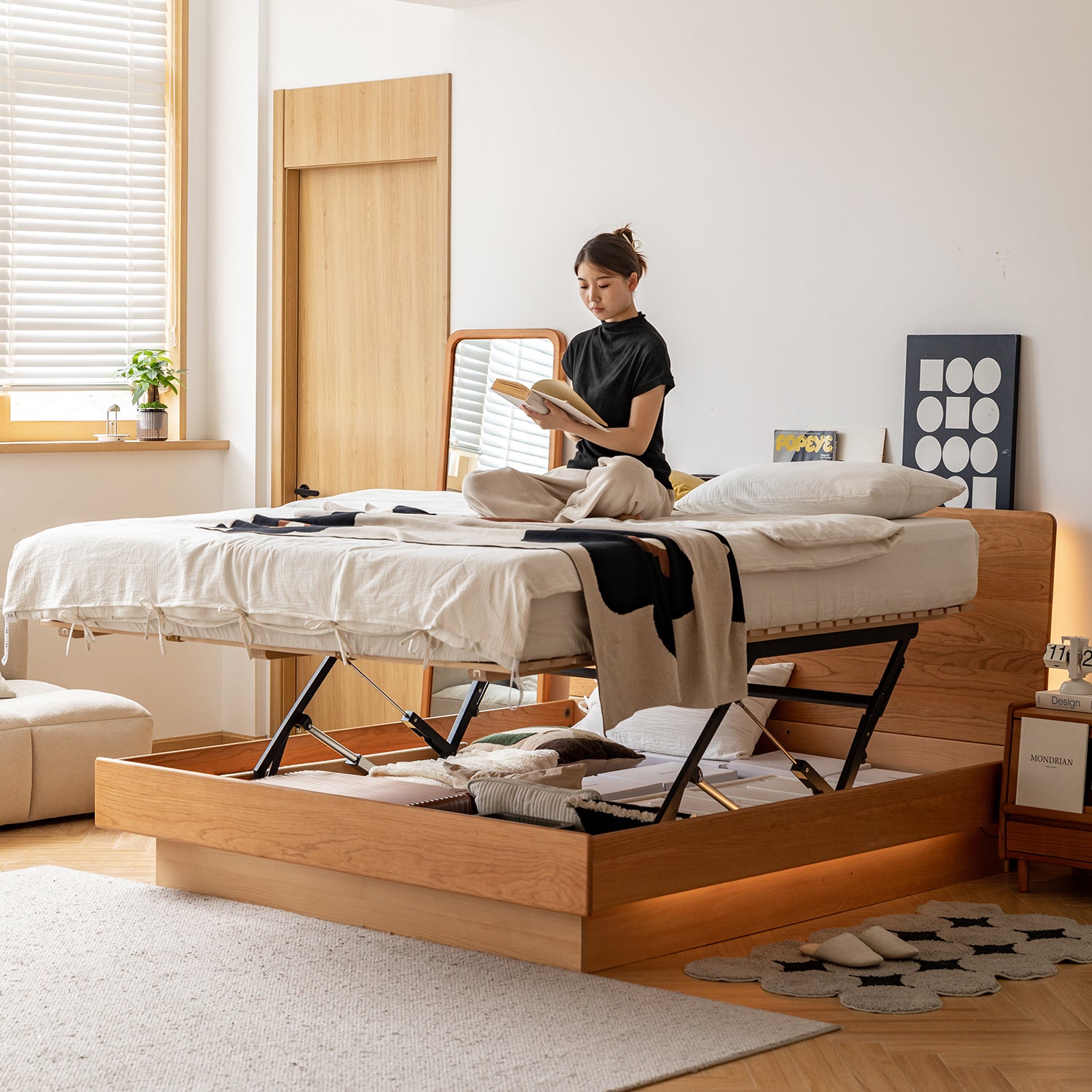 Scandinavian Cherry Wood Electric Lift-Up Storage Bed COASTAL – LOFT HOME