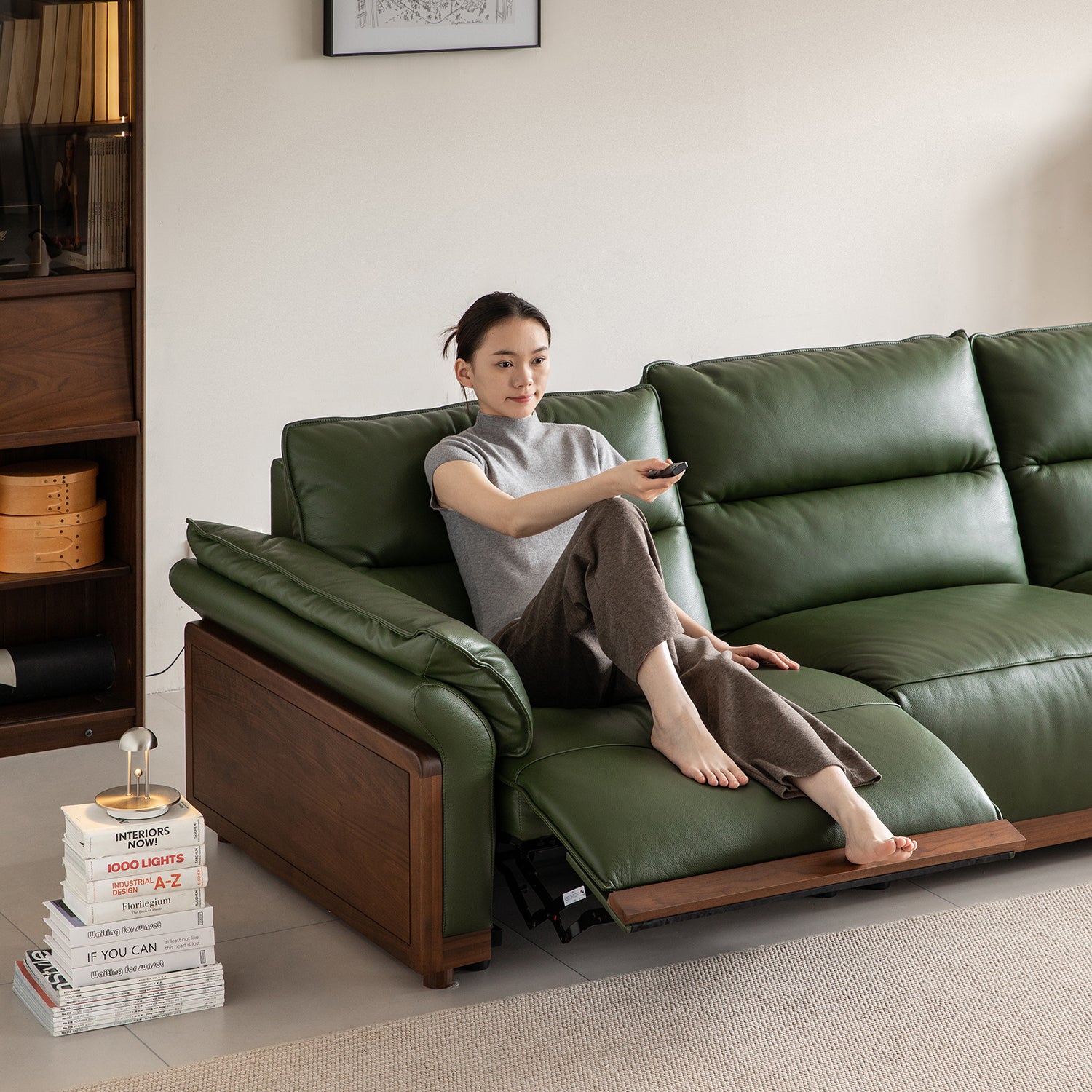 Japandi Walnut Wood Genuine Leather Electric Recliner 3 Seater Sofa ED ...