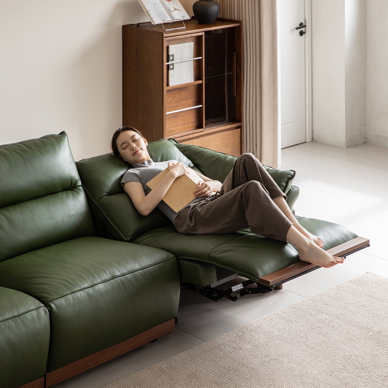 Japandi Walnut Wood Genuine Leather Electric Recliner 3 Seater Sofa ED ...