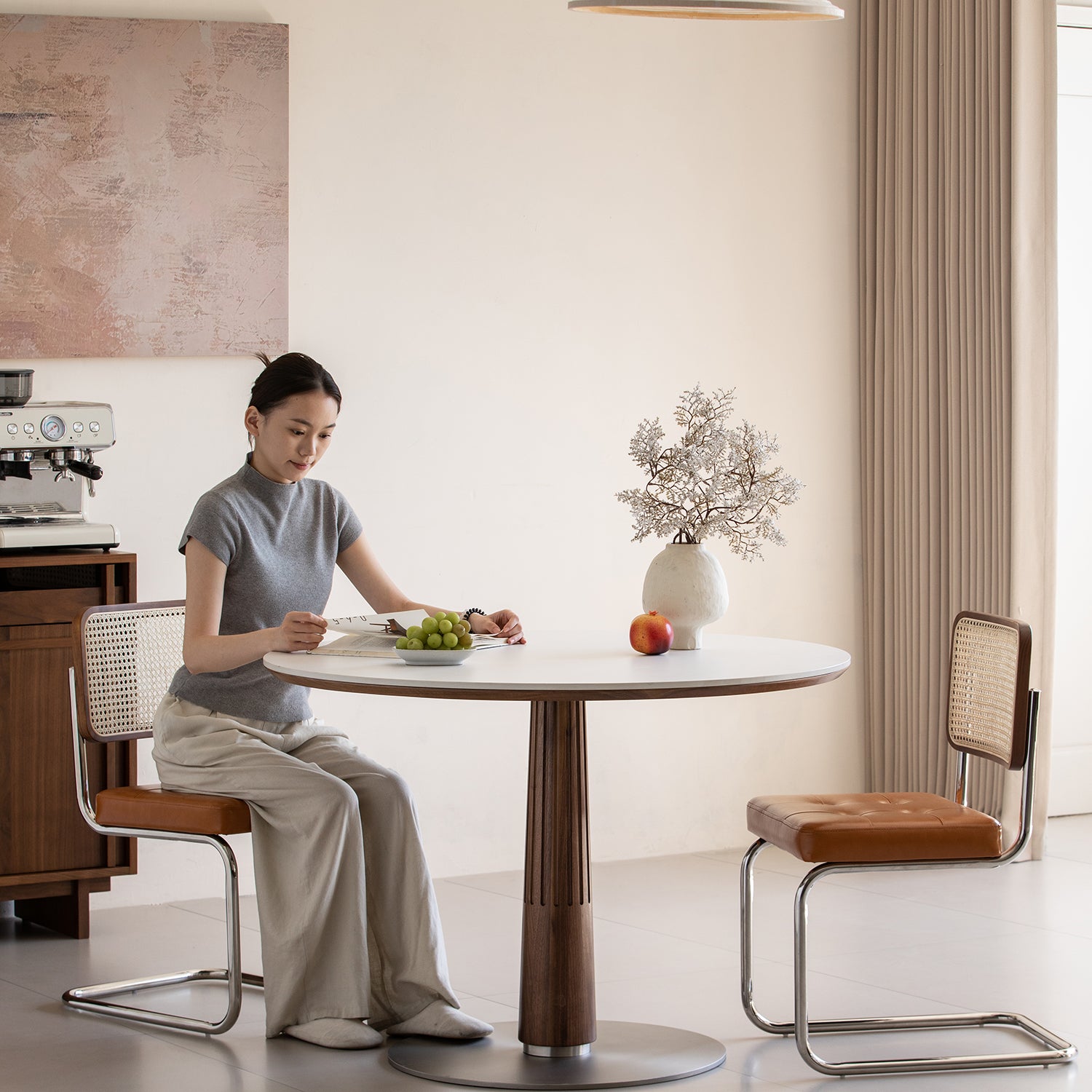 Japandi Walnut Wood Sintered Stone Round Dining Table GREY – LOFT HOME