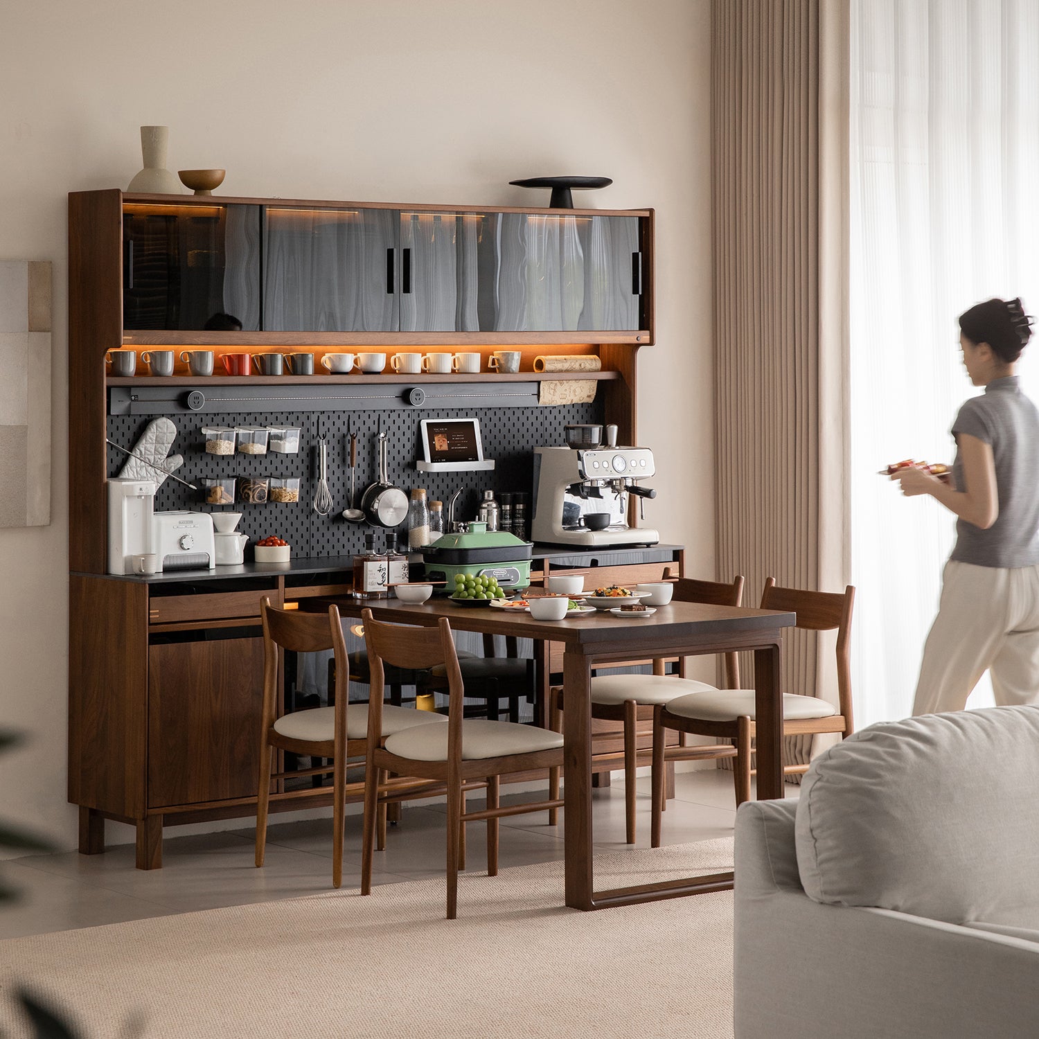 Japandi Walnut Wood Storage Side Cabinet With Dining Table HARMON ...