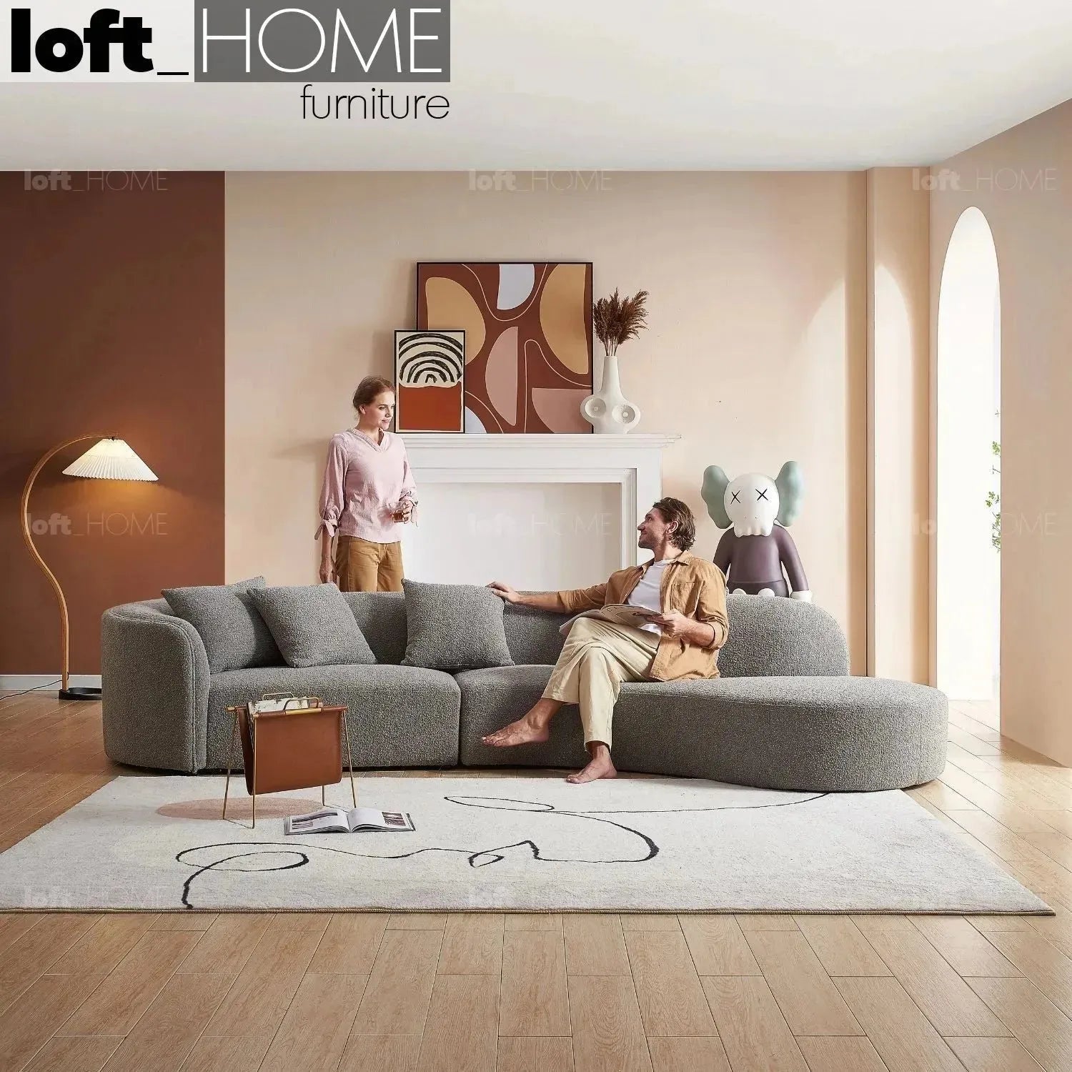 Cream Teddy Fabric L Shape Sectional Sofa PIERRE 4 L LOFT HOME