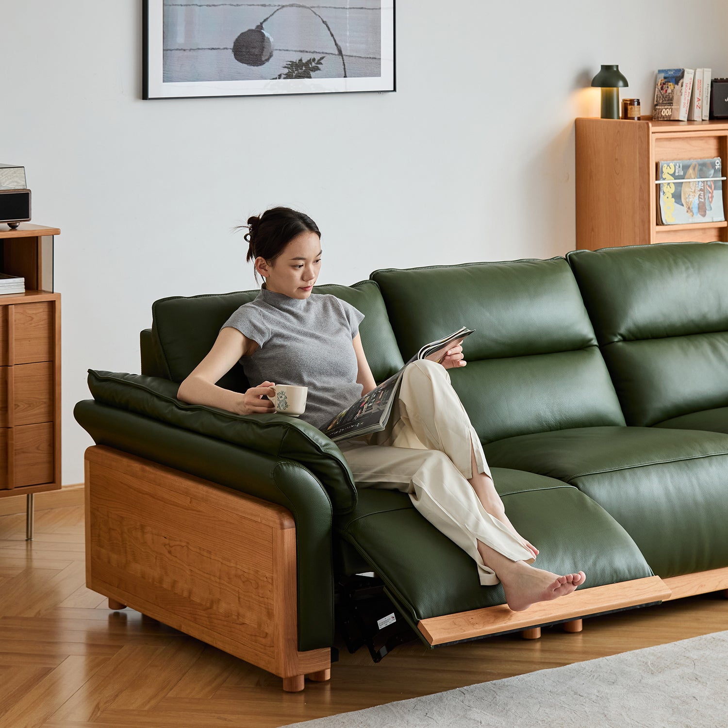 Scandinavian Cherry Wood Genuine Leather Electric Recliner 3 Seater So ...