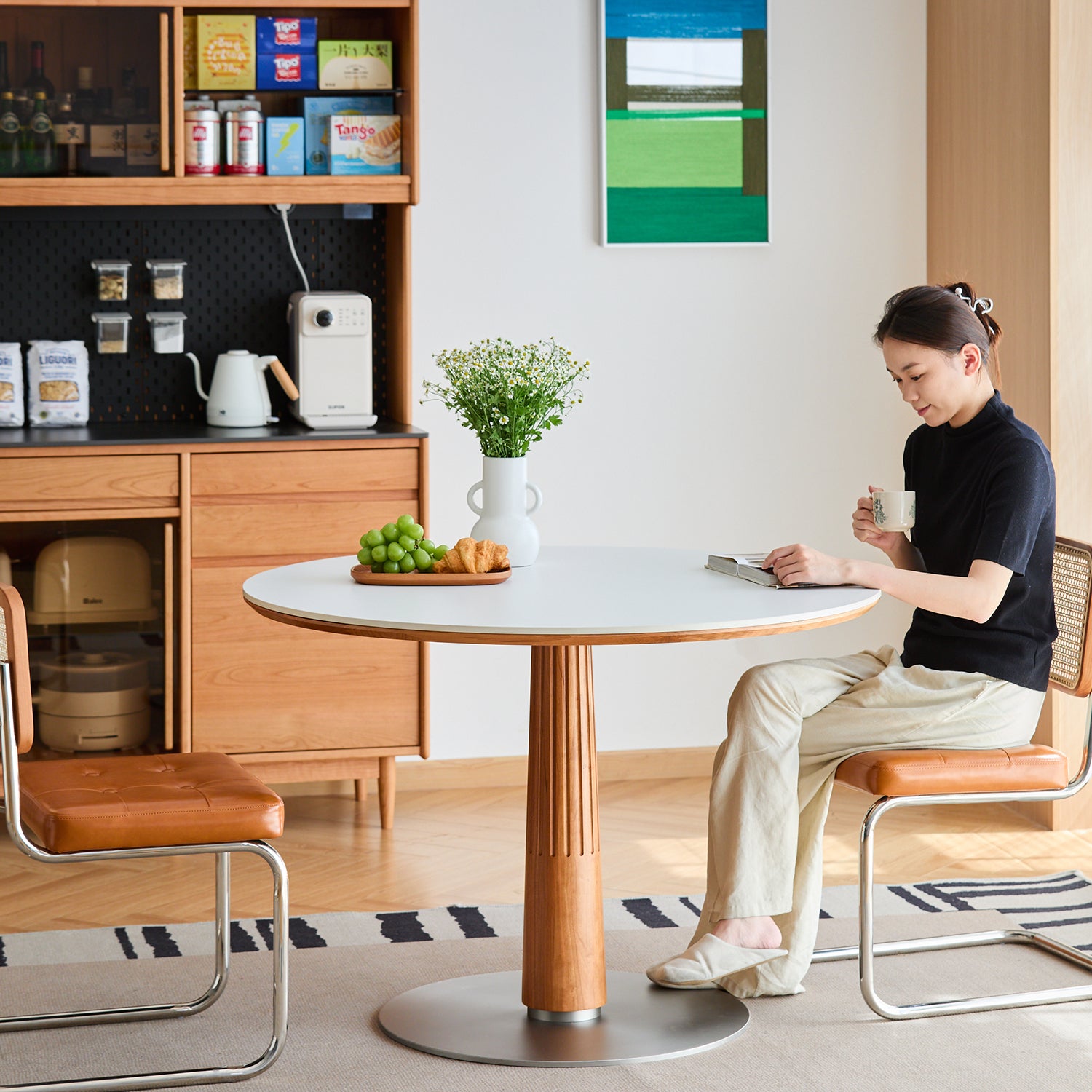 Scandinavian Cherry Wood Sintered Stone Round Dining Table GREY – LOFT HOME