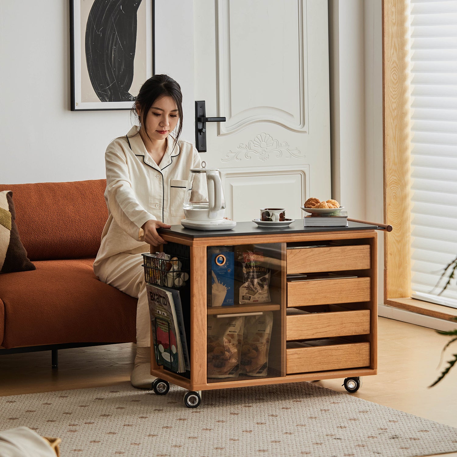 Scandinavian Cherry Wood Wheeled Trolley Side Table BUS – LOFT HOME