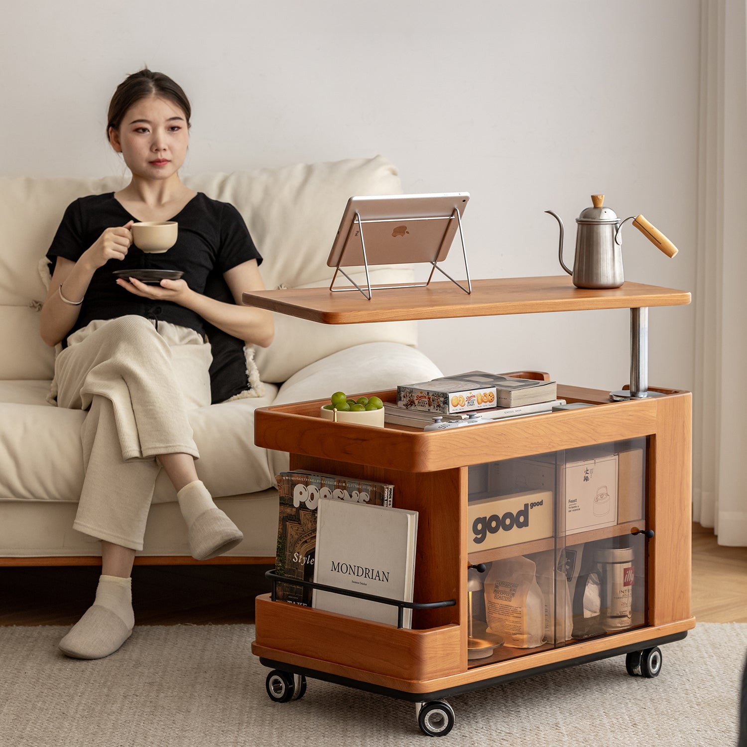 Scandinavian Cherry Wood Wheeled Trolley Side Table DRIFT – LOFT HOME